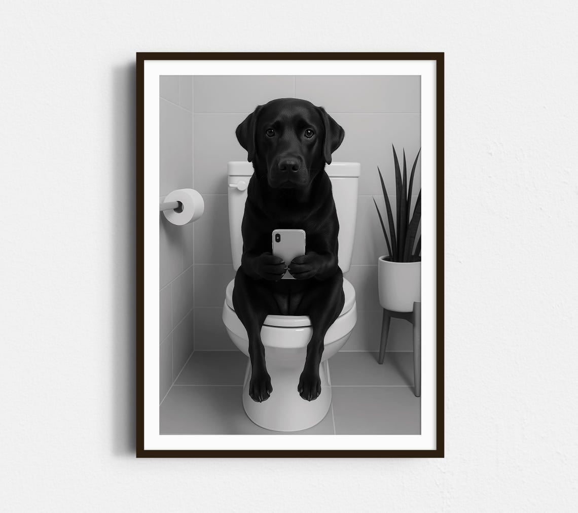 Labrador On Toilet Wall Art, Texting Dog, Black And White Print, Black ...