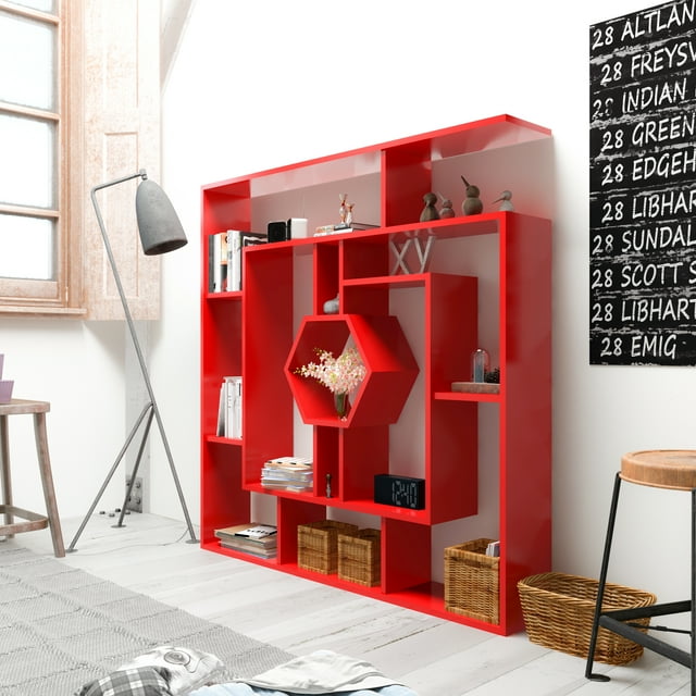 Stylish Labrina Geometric Open Honeycomb Shelves Bookcase, Red ...
