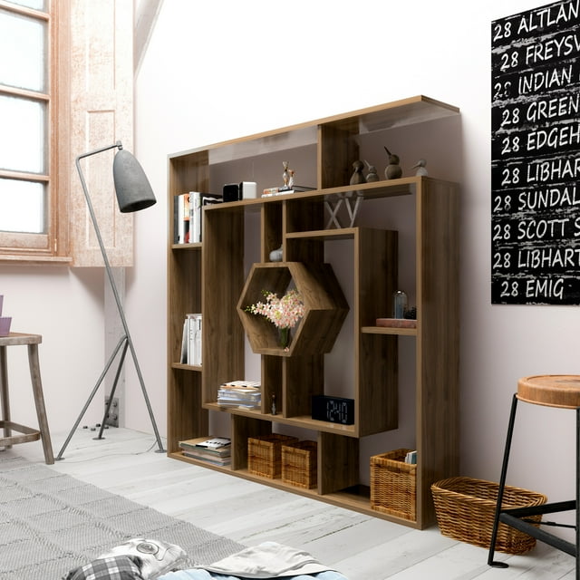 Decorotika Labrina Geometric Open Shelves Bookcase, Modern Wooden ...