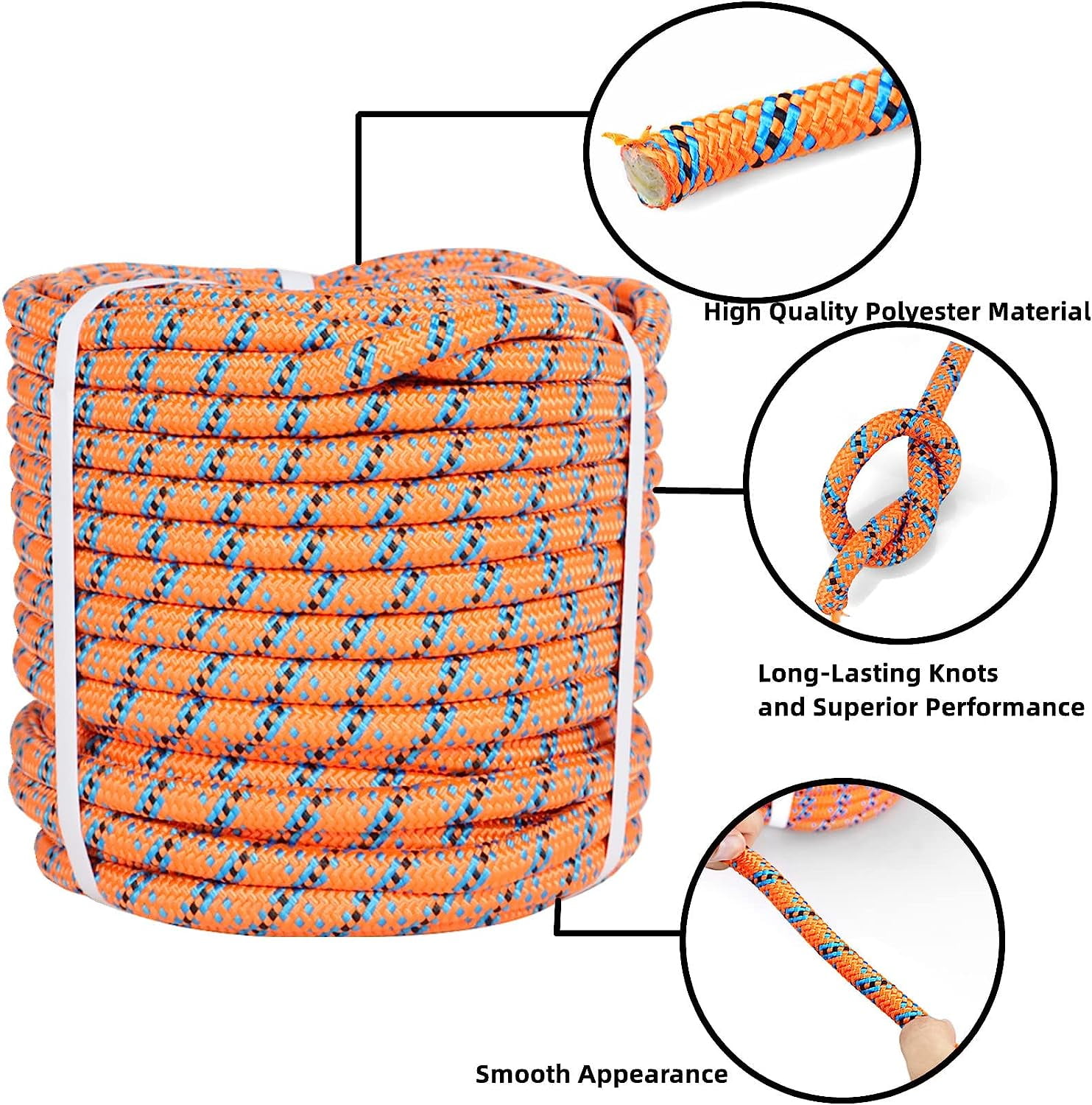 Labwork 1/2 "x 150' 32 Strand Braided Rope (Orange, Blue, Black) 18 KN ...
