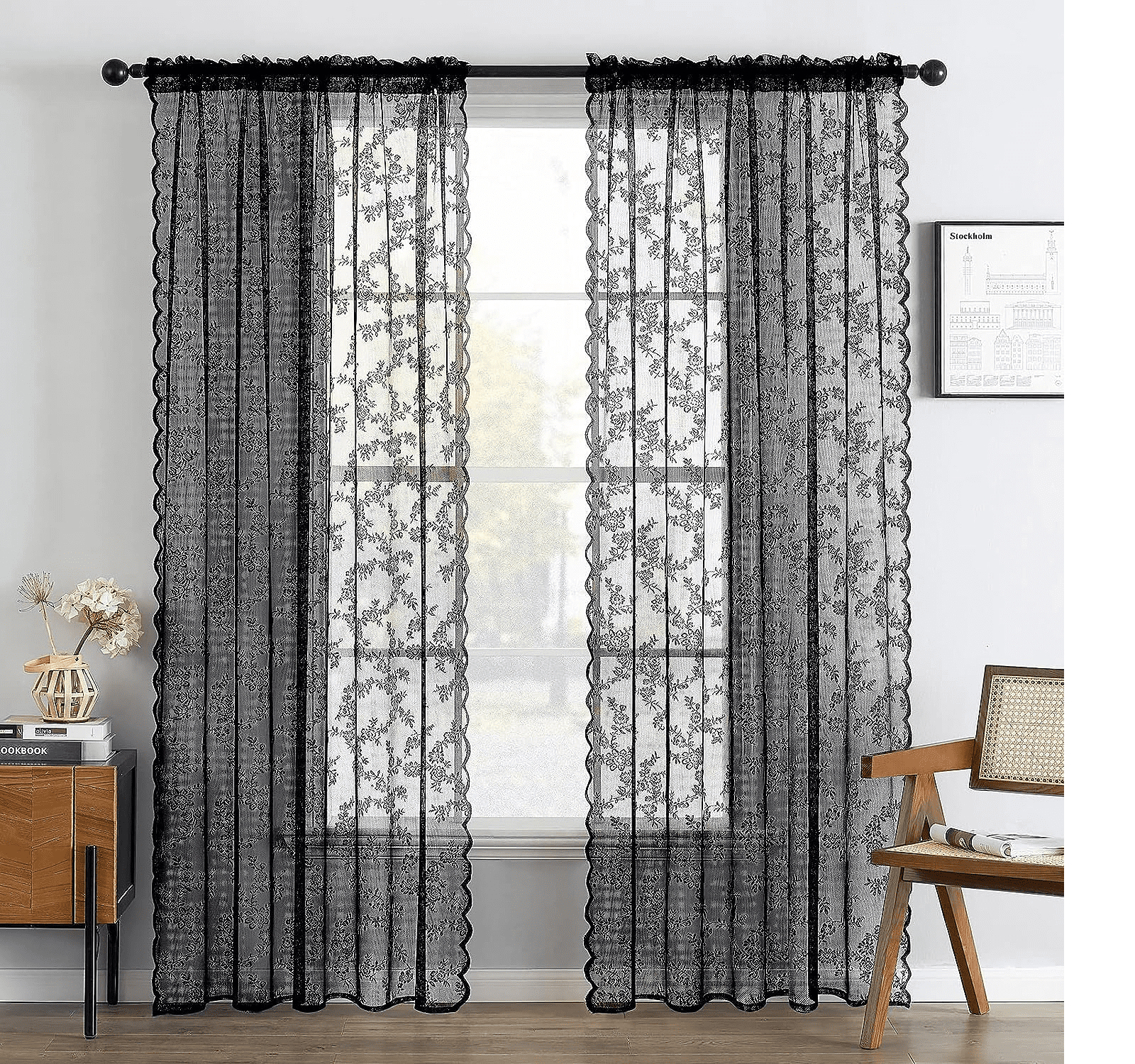 Lace Black Sheer Window Curtain Panel Decorative Drapes Set of 2 Panels ...