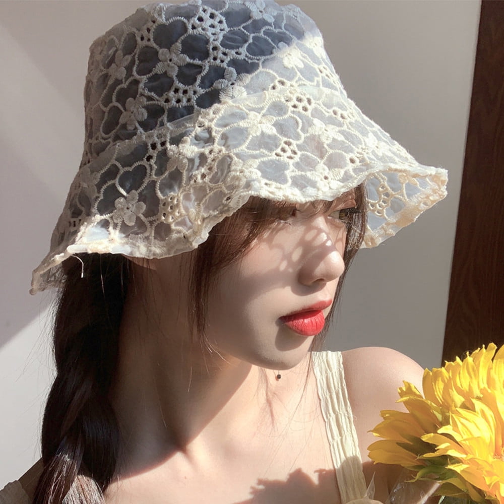 Lace Bucket Hat Transparent Wide Brim Packable Sun Caps Embroidered ...