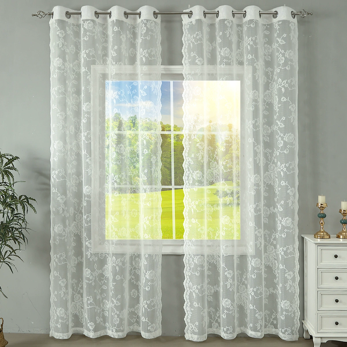 Lace Curtains-Set of 2 Panels, Floral Embroidery, Sheer Light Filtering ...