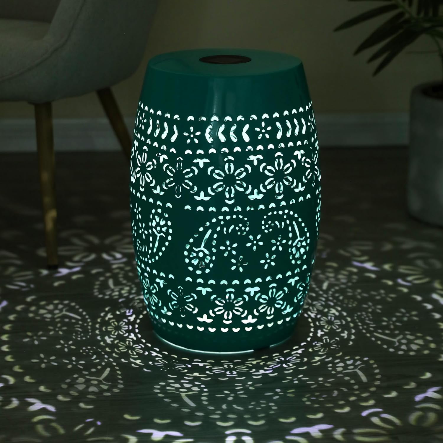 Lace Cut Iron Accent Table with Solar Powered Light, Metal Drum Patio ...