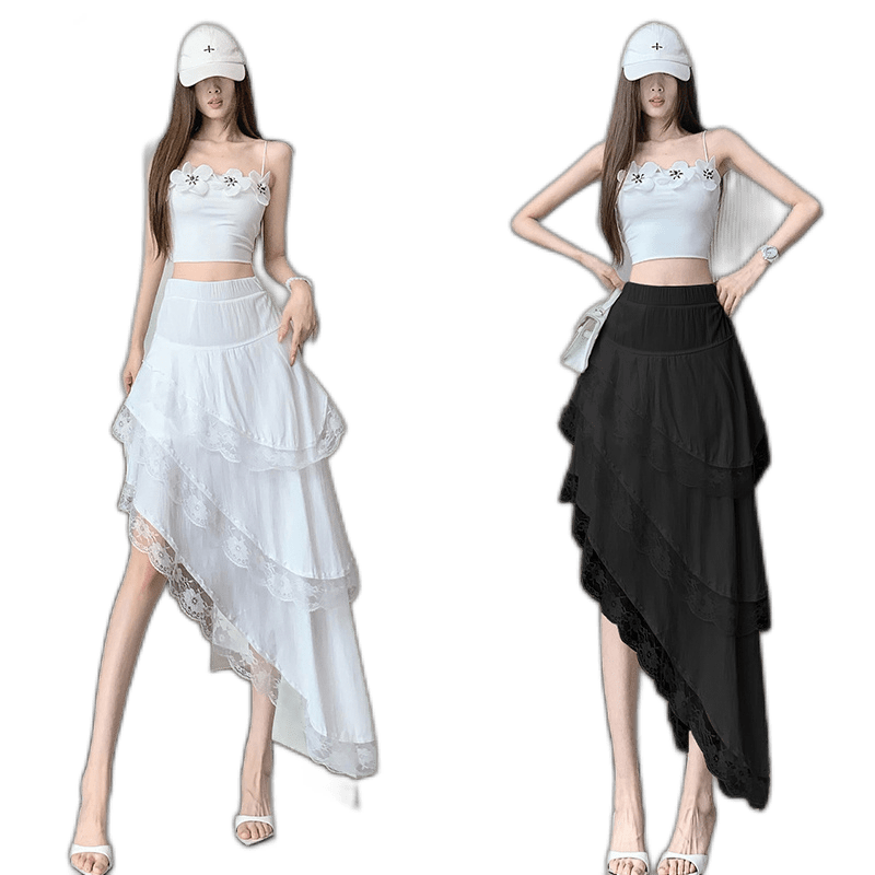 Lace Edge Multi-Layer Retro Sweet Irregular Elastic Waist Niche Design ...