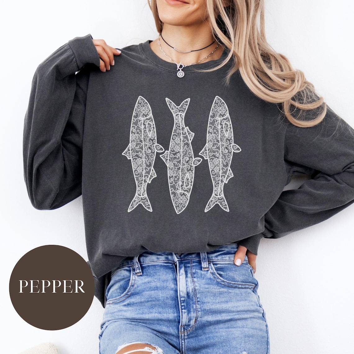 Lace Fish Tattoo Style ® Long Sleeve Shirt, Fisherman Aesthetic, Faux ...