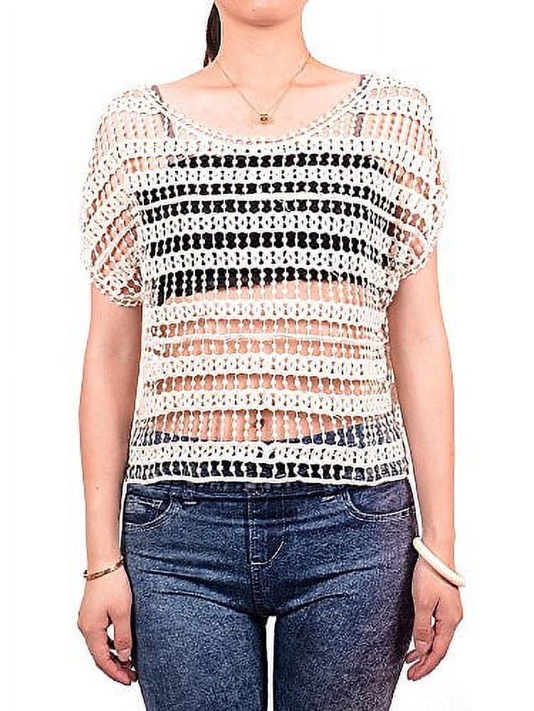 Lace Floral Sleeveless Mesh Crochet Cotton Top Shirt Blouse (Ivory2 ...