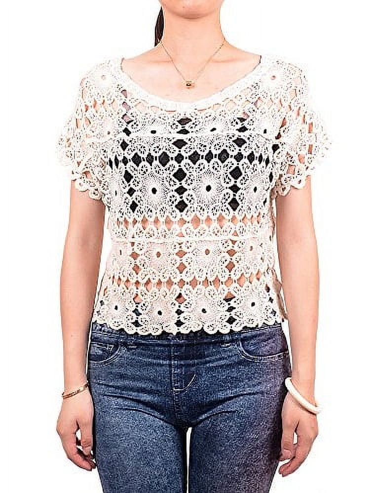Lace Floral Sleeveless Mesh Crochet Cotton Top Shirt Blouse (Ivory ...