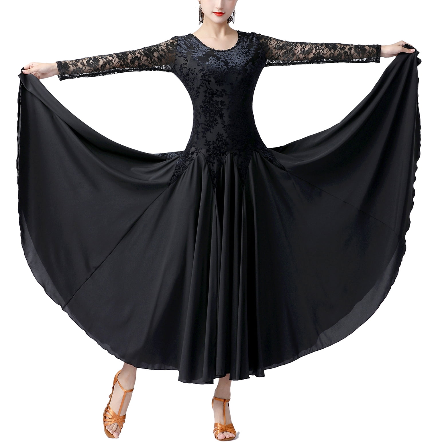 Lace Flowy Long Sleeve Velvet Ballroom Latin Dance Dresses With Godets ...