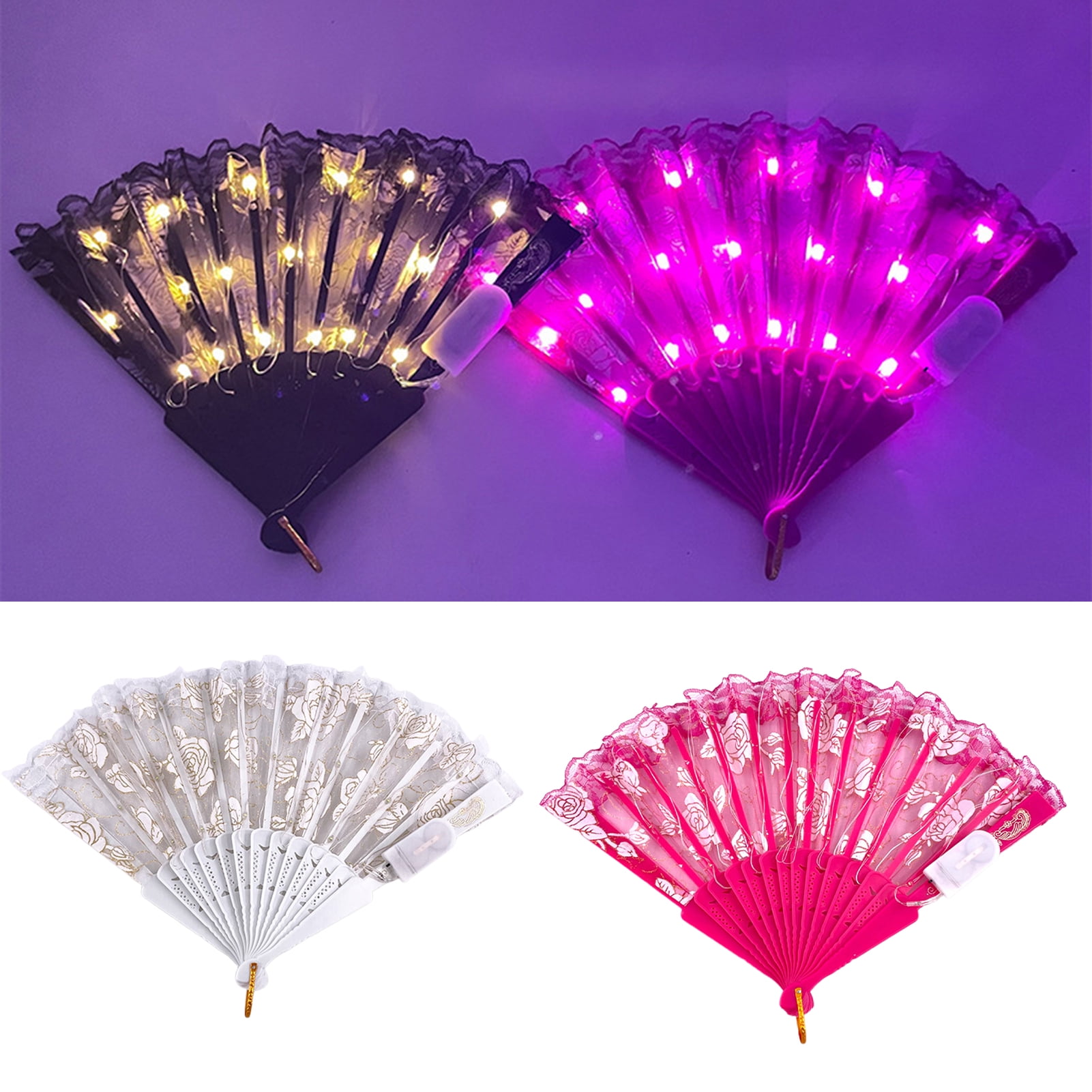 Lace Folding Hand Fan Dance Wedding Hand Fans Rose Lace Multi-Color LED ...