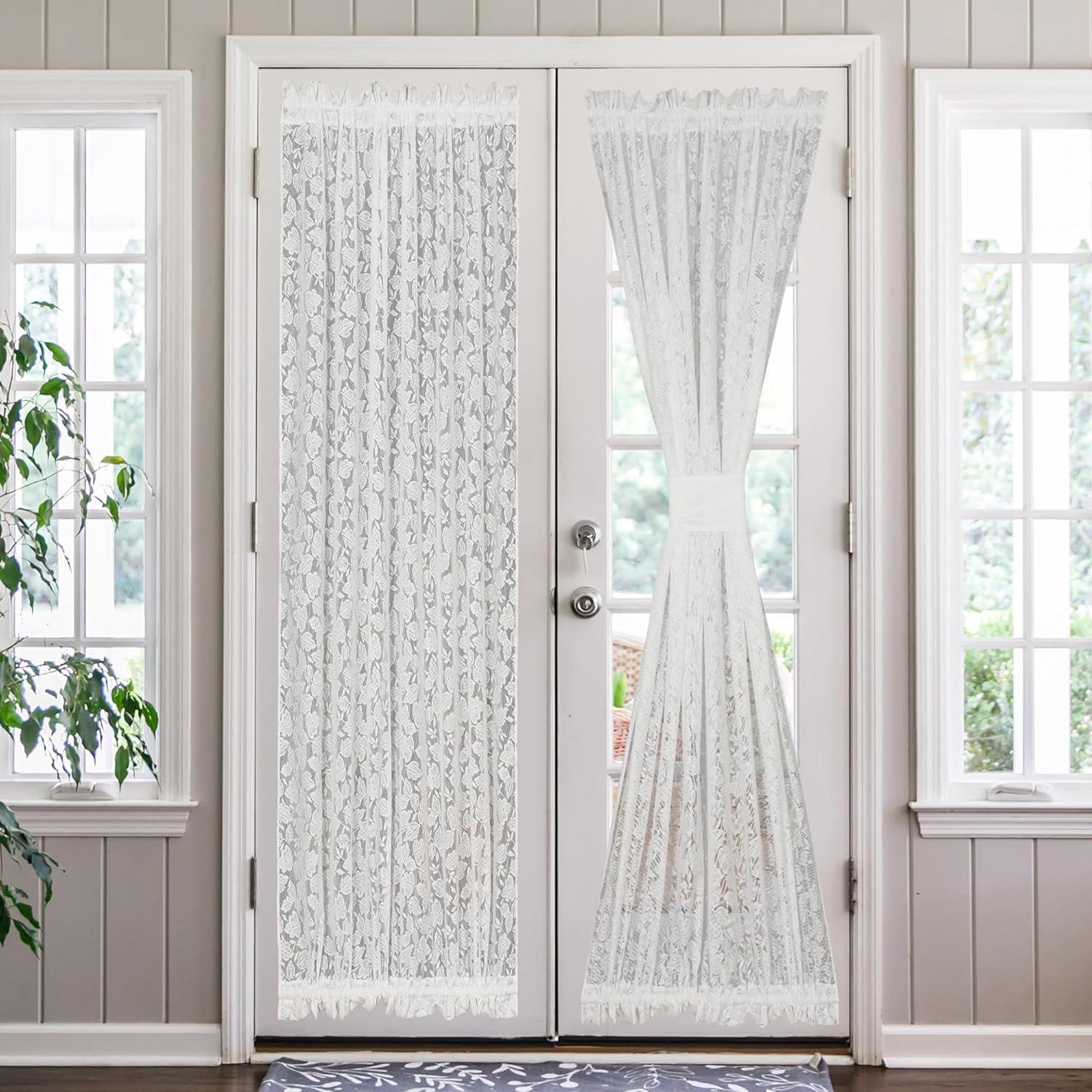 Lace French Door Curtain White Leaves Knitted Textured Curtains 72 Inch ...