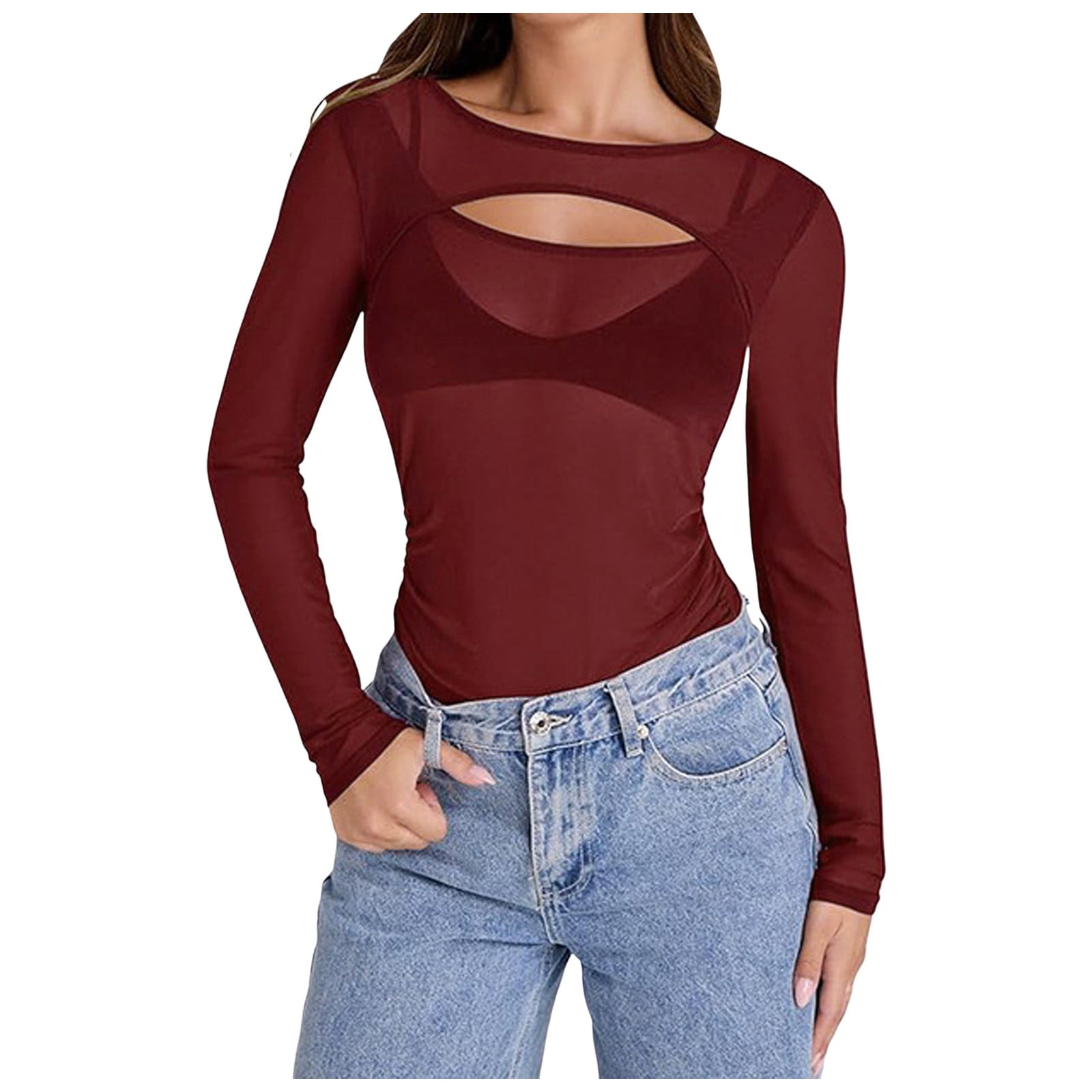 Lace Mesh Sheer Long Sleeve Tops for Women Crew Neck Cut Out Front Side ...