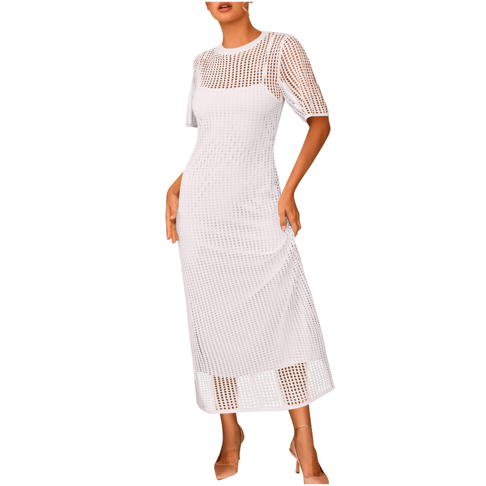 Lace Midi Dress for Women Short Sleeve Modest Elegant Dress Summer ...