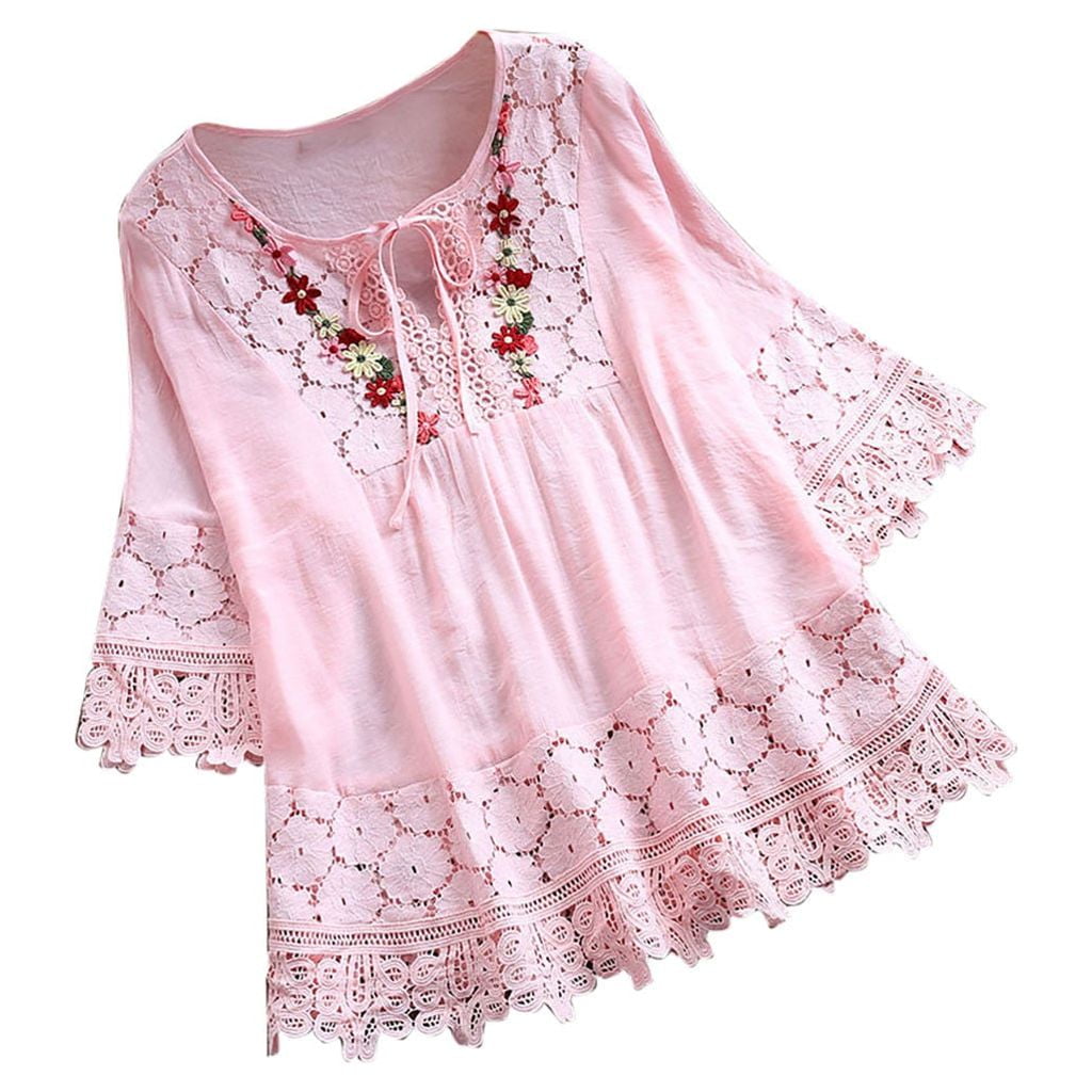 FAVIPT Women's Lace Patchwork Blouses, Plus Size, V-Neck, 3/4 Sleeve ...
