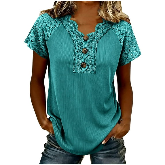 Lace Patchwork T-Shirt for Women V-Neck Button Short Sleeve Tops Summer ...