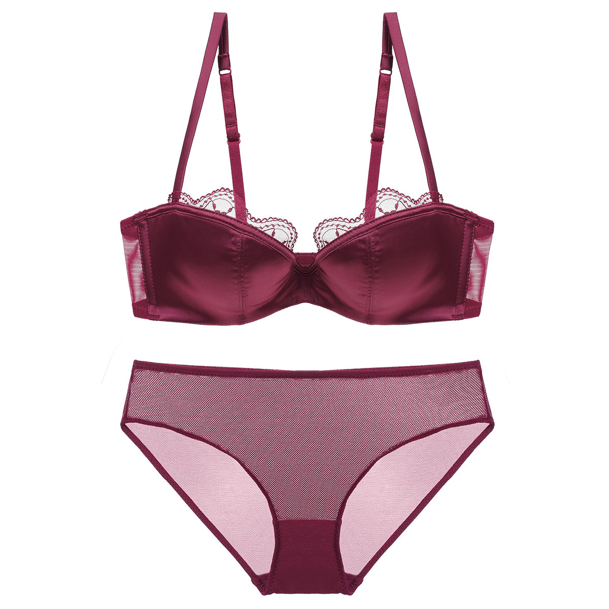 HHH Lace Sexy Deep Glossy V Satin Thin Tube Top 1/2 Half Cup Bra Set W268 - Walmart.com