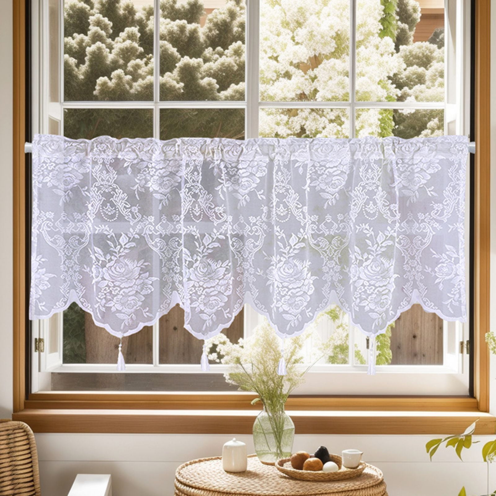 Lace Sheer Curtains, Light Filtering Voile Rod Pocket Cafe Short Window ...