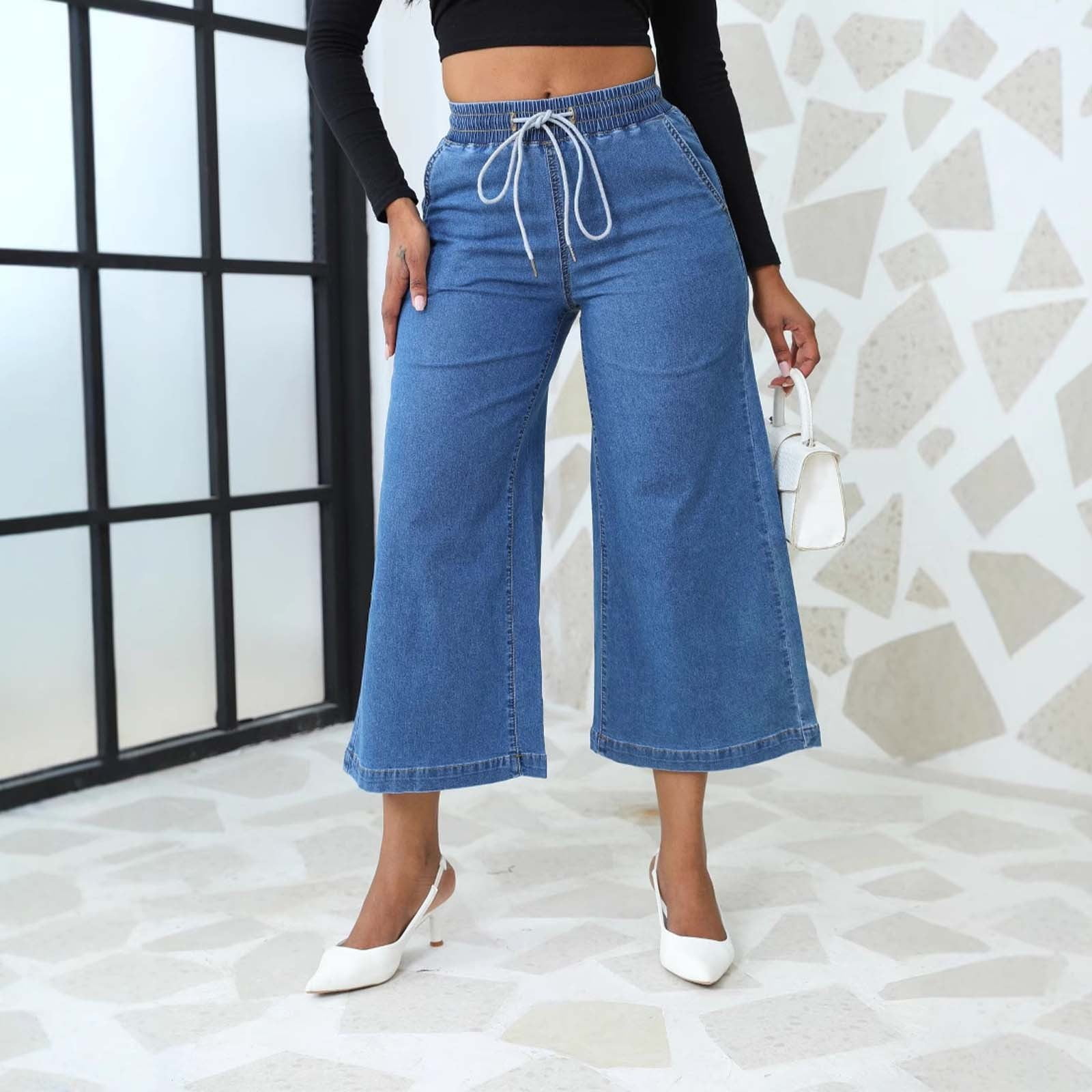 Lace Up Stretch Jeans Cropped Straight Leg Wide Leg Women plus Size ...
