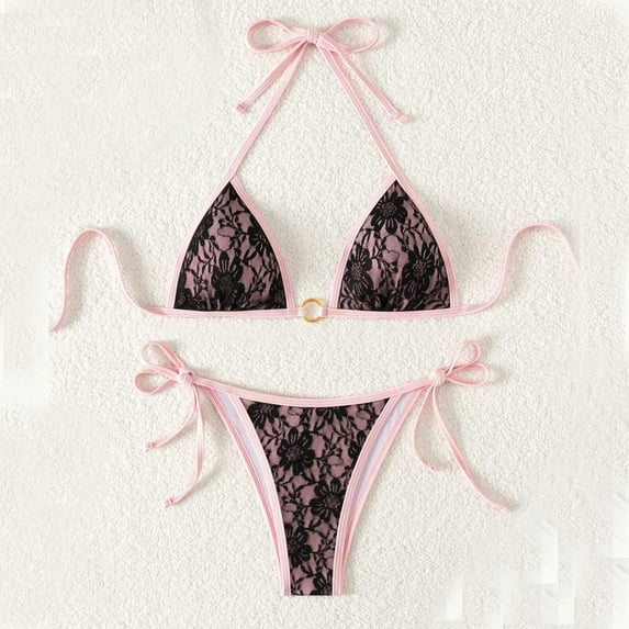 Lace Swimsuits for Women Halter Micro Bikinis Tie Back Triangle Bra and ...