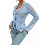 Lace Tops for Women Long Sleeve See Through Sheer Mesh Crop Top Shirt ...