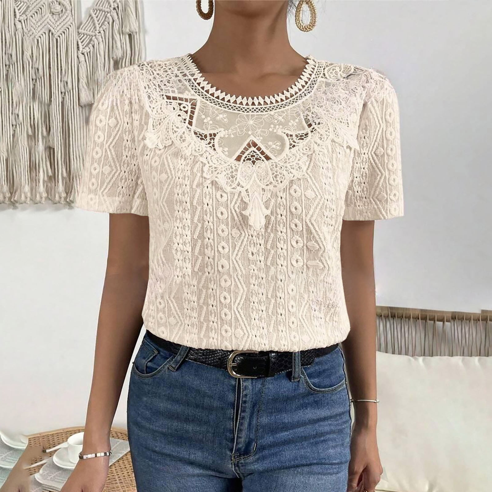Zunfeo Lace Tops for Women Short Sleeve Ladies Blouse Casual Hollow Out ...