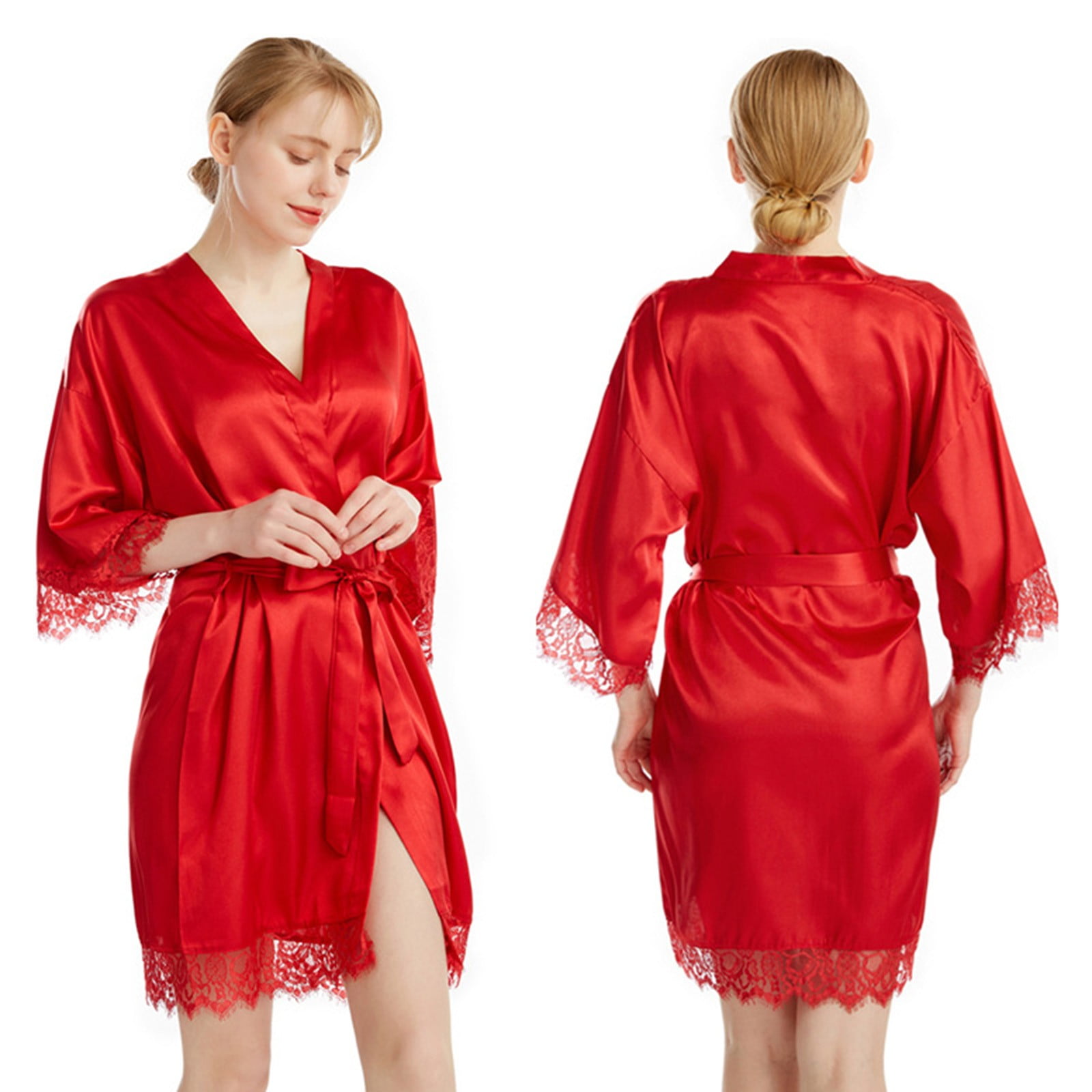 Lace-Trim Silk Robes for Women 3/4 Sleeve Sexy Kimono Bridesmaid Satin ...