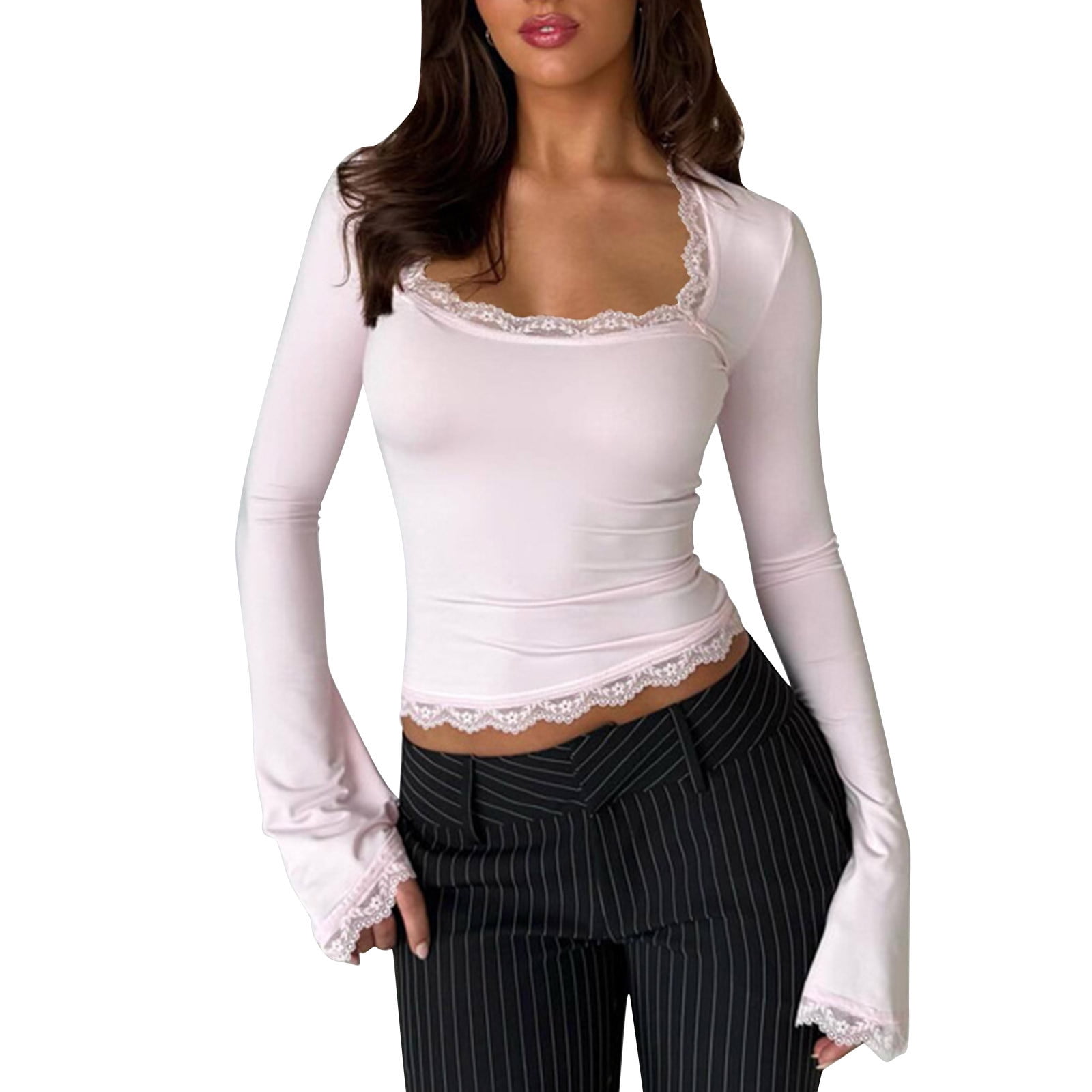 Lace Trim Square Neck Crop Tee for Women Long Bell Sleeve Slim Fitted T ...