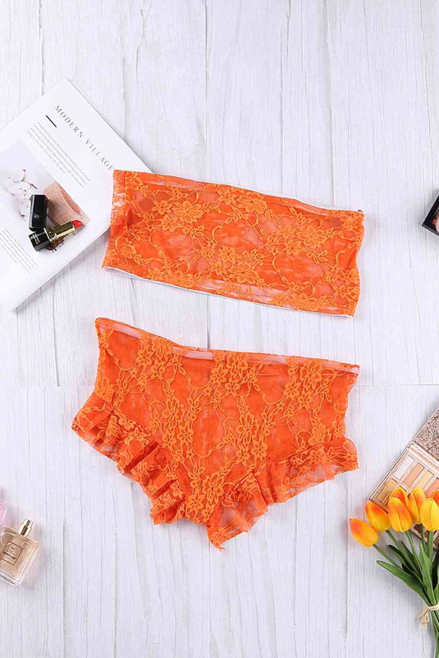 Lace Tube Top And Frill Trim Panty Lingerie Set