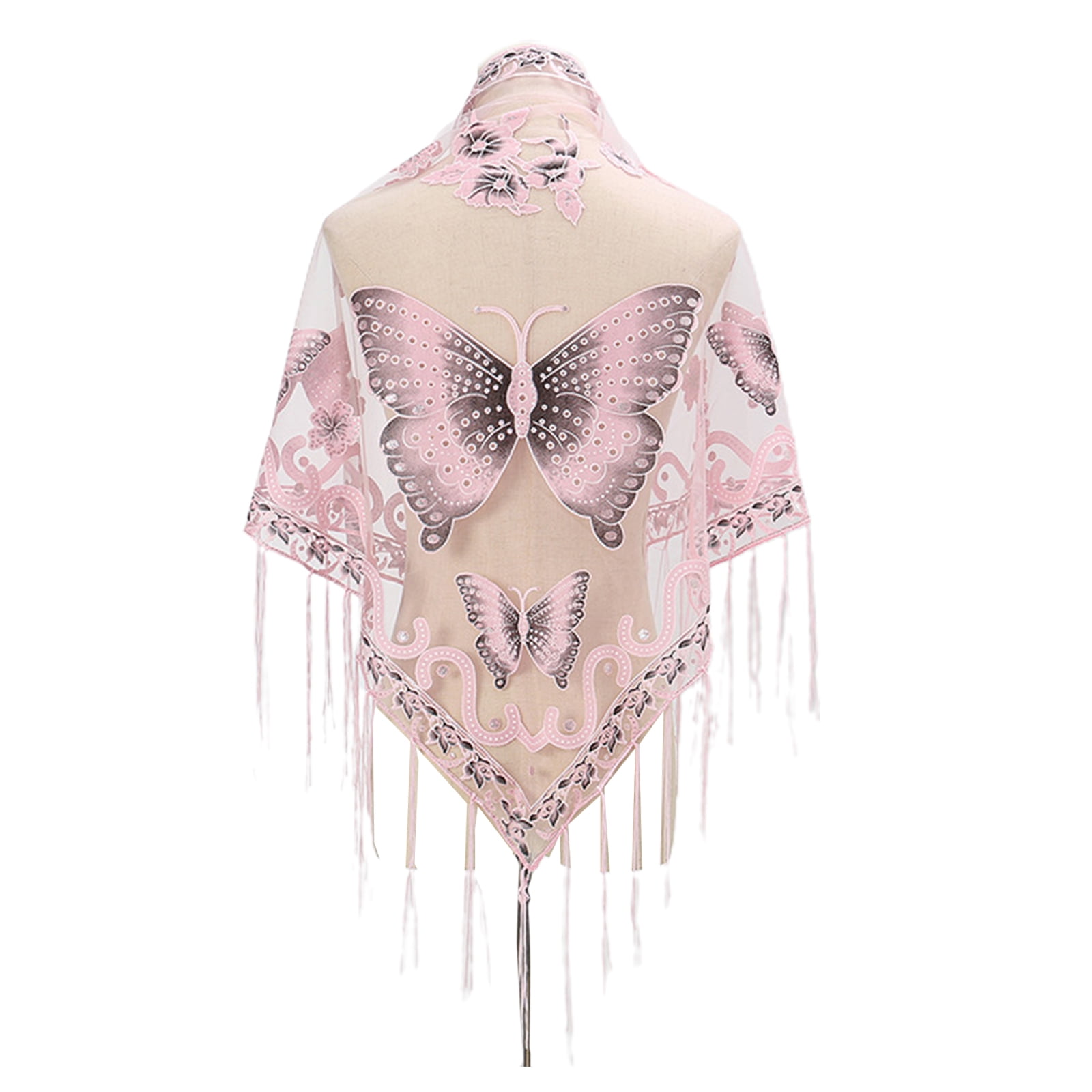 Lace Tulle Scarf Butterfly Embroidered Shawl Sheer Shawl With Fringe ...