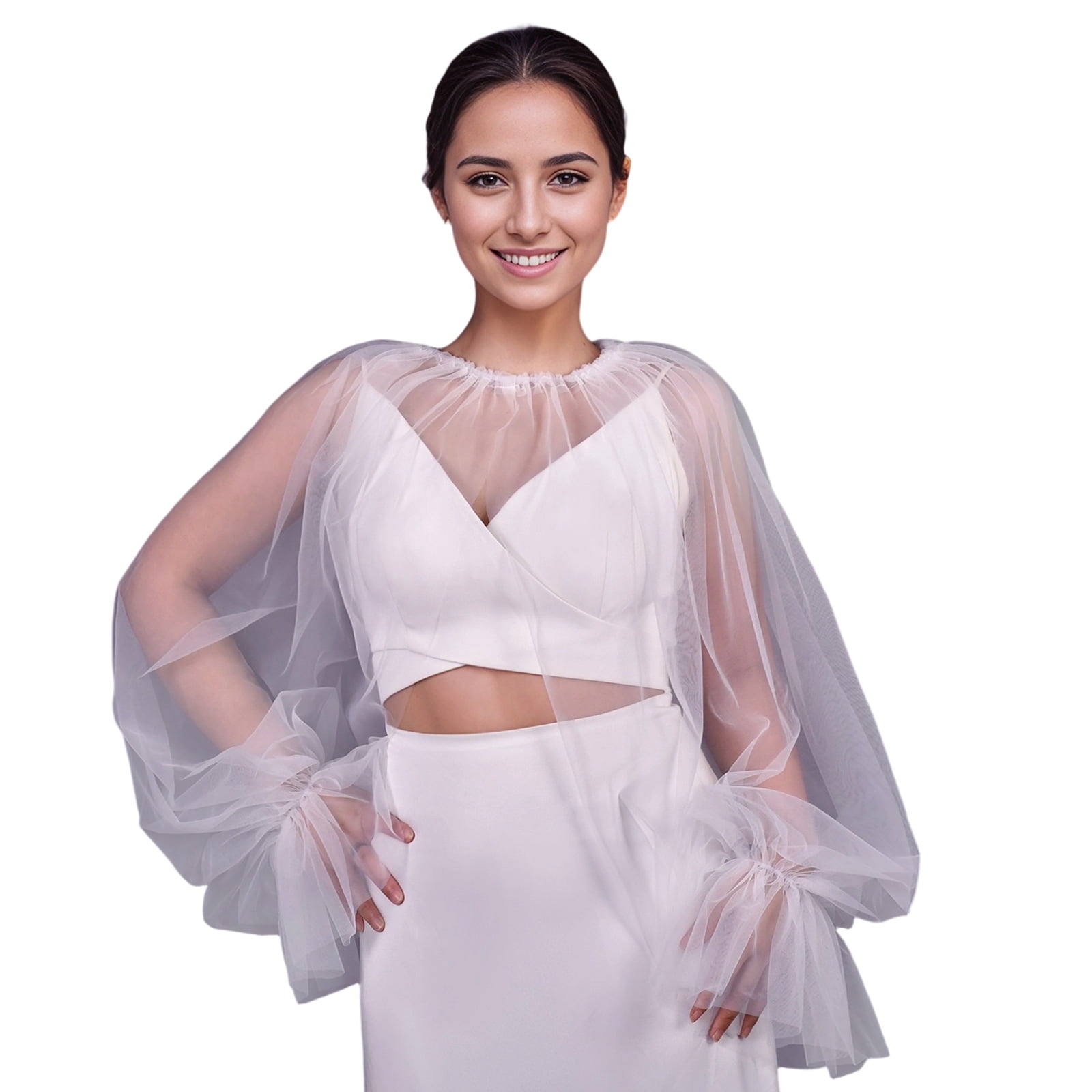 Lace Tulle Wedding Capelet Adjustable Flared Sleeve Design Soft Mesh ...