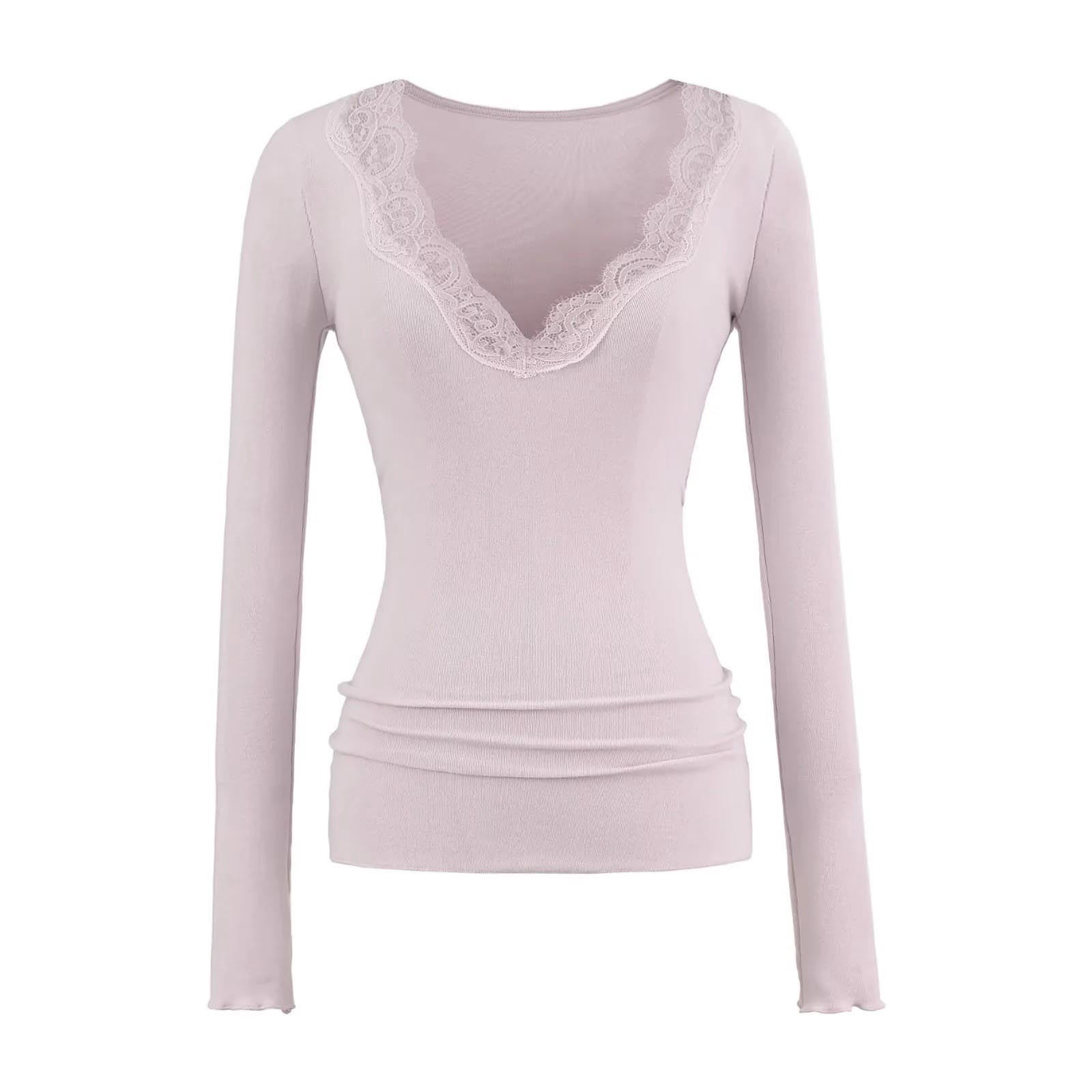 Lace Undershirts for Women Y2K Crop Top Long Sleeve V-Neck Peplum ...