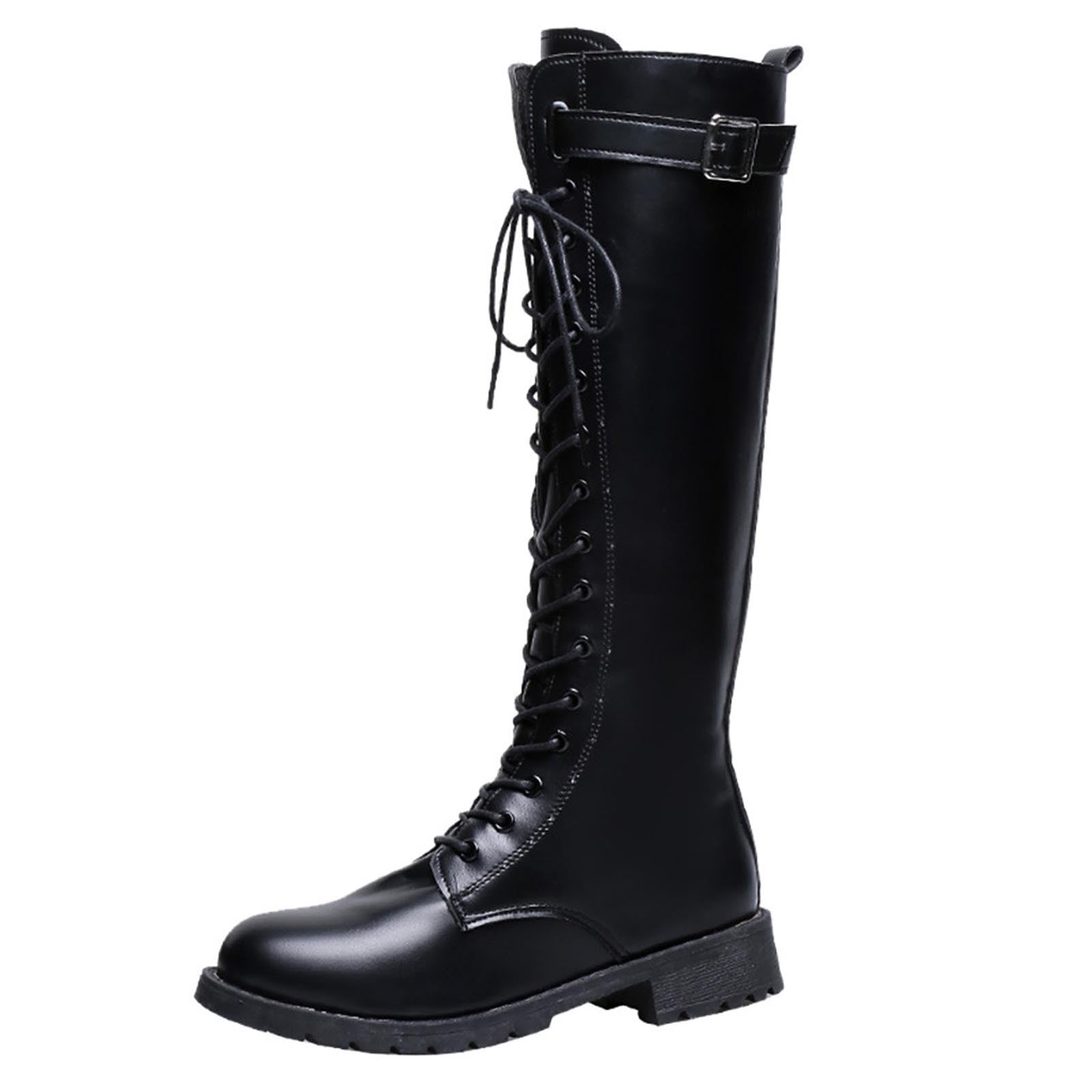 Lace Up Knee High Combat Boots Low Chunky Heel Knee Length Boots Closed ...