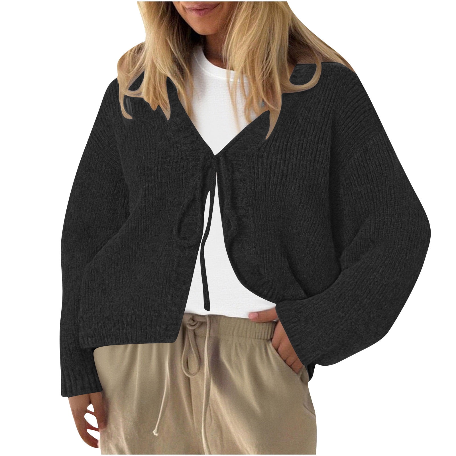 Lace Up Open Front Sweater Cardigans for Women Loose Long Sleeve Knitted Jackets Cozy Fall ...