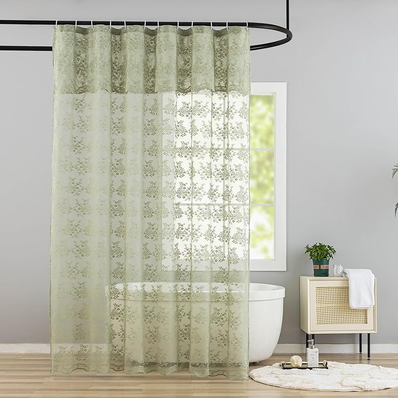 Lace Vintage Shower Curtain with Attached Valance, Floral Lace Curtain ...