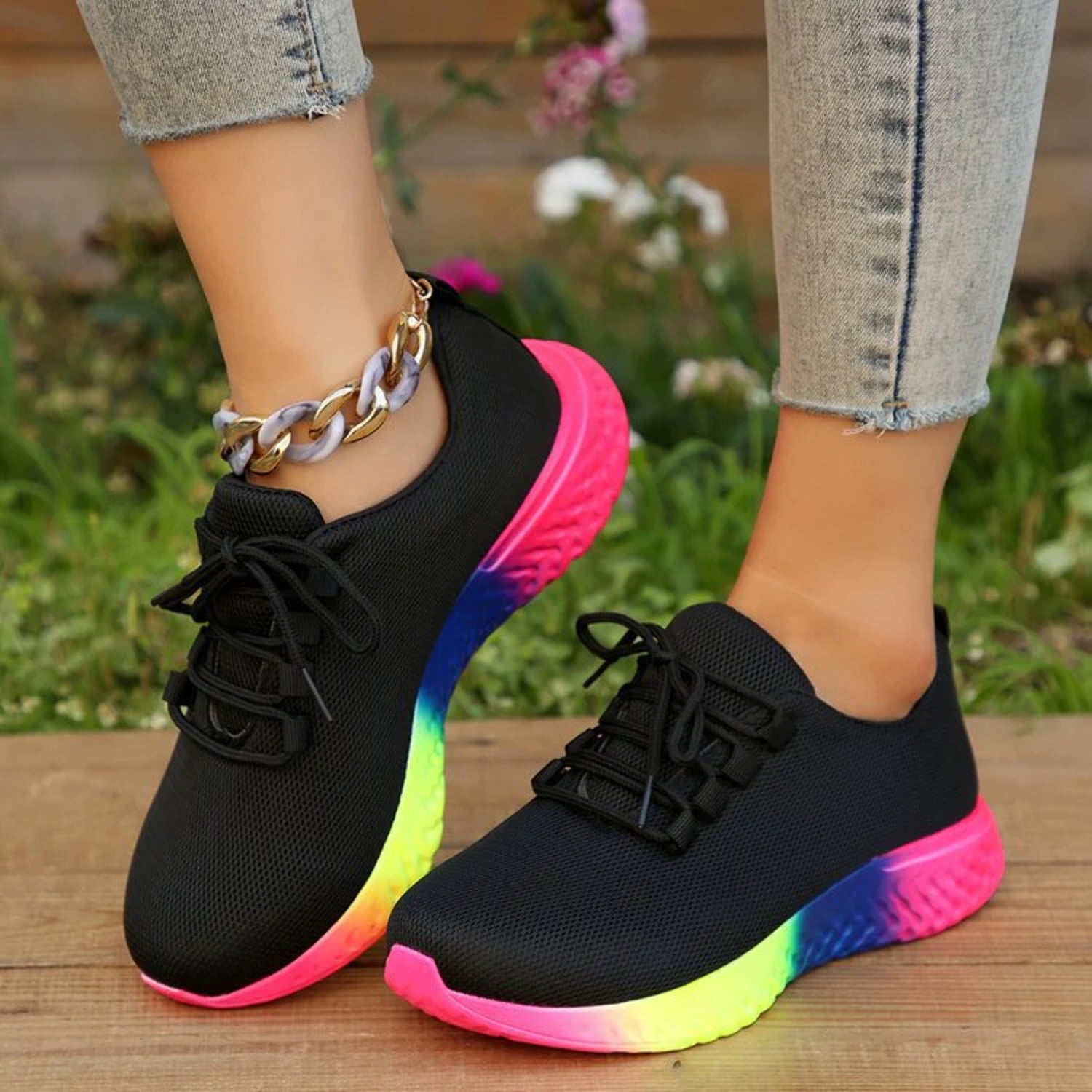 Lace-up Mesh Shoes With Rainbow Sole Design Fashion Walking Running ...