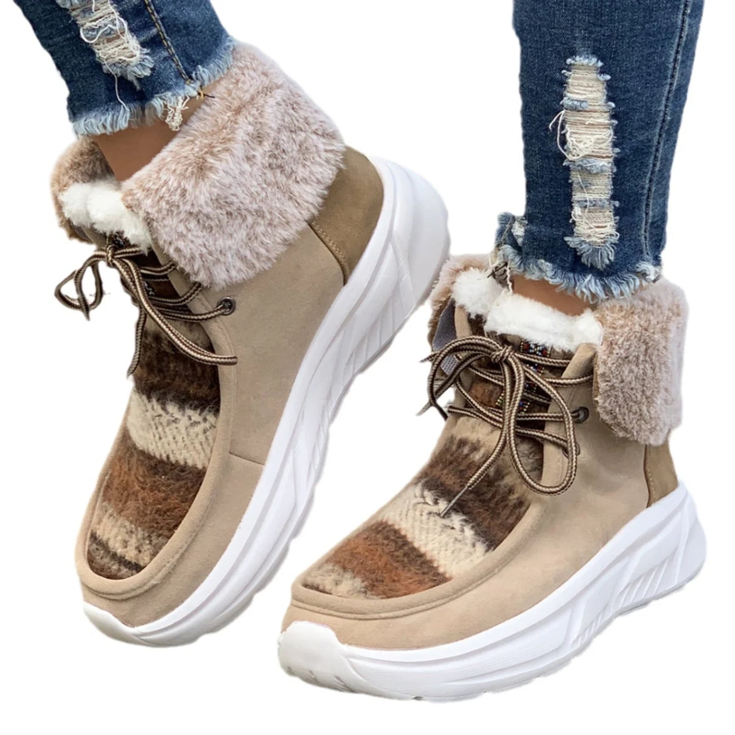 Lace-up Snow Boots Women's Fuzzy Mied-color Soft Sole Platform Thermal ...