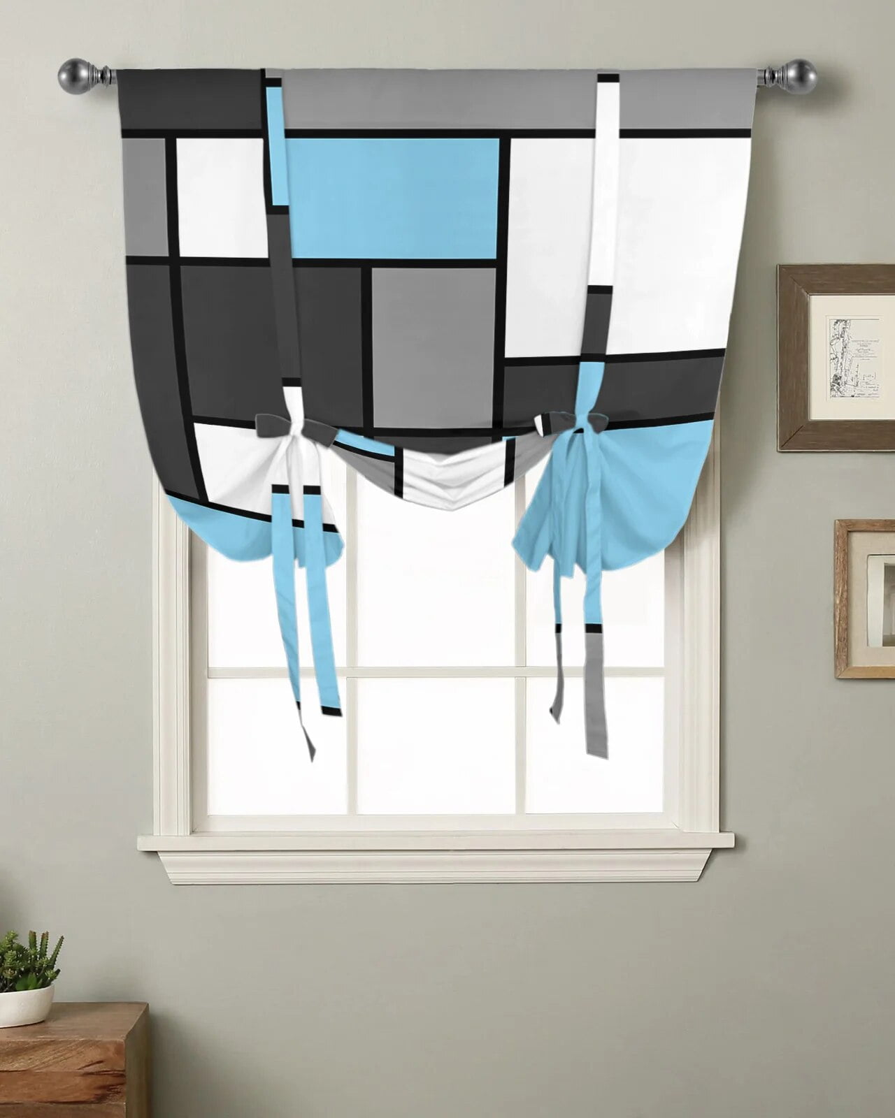 Lace up curtains Geometric Figures Sky Blue Abstract Kitchen Short ...