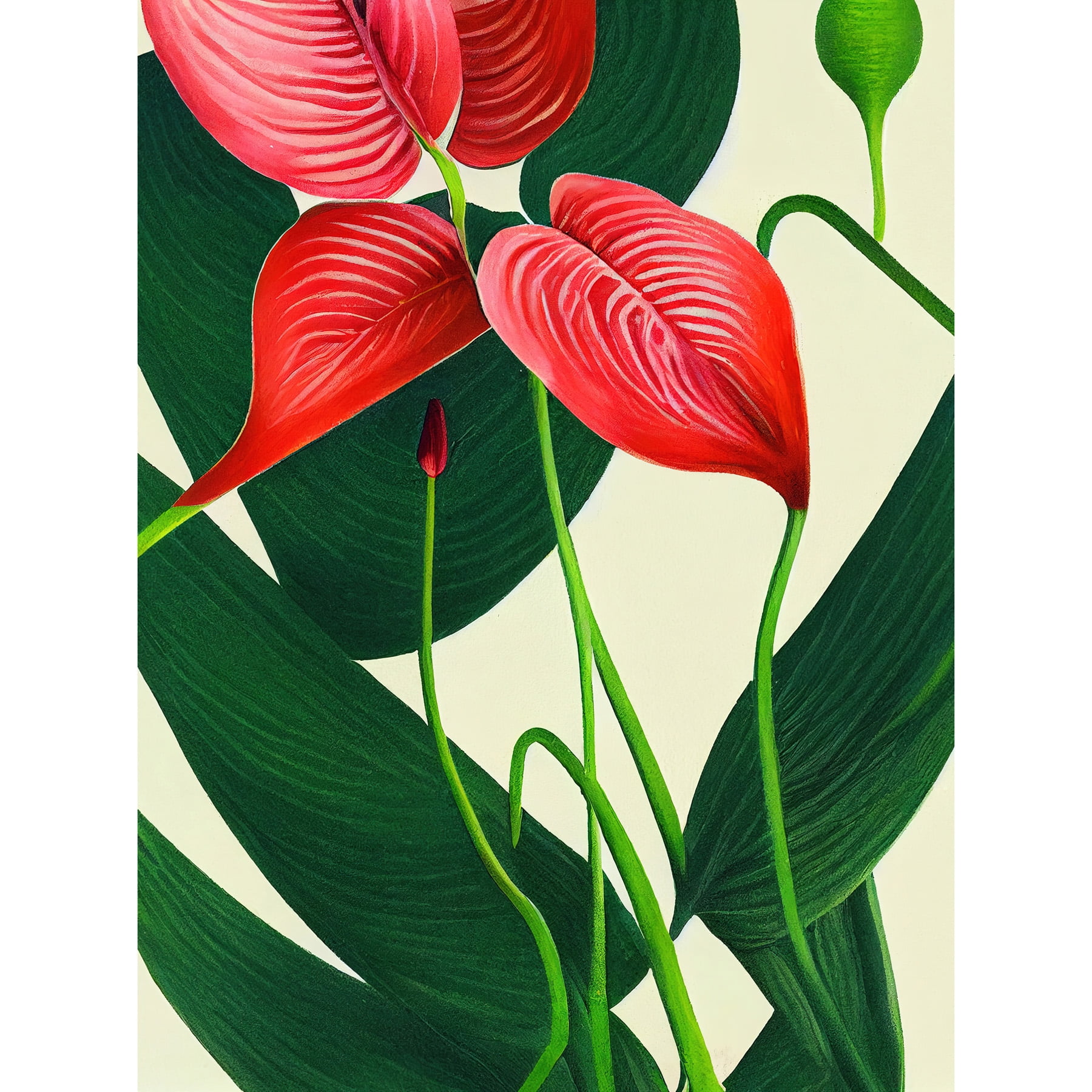 Laceleaf Flower Floral Tropical Leaf Pink Anthurium Painting Unframed ...