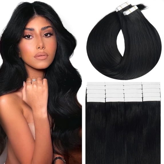 Lacer Black Tape in Hair Extensions Silky Straight Double Sided Natural ...