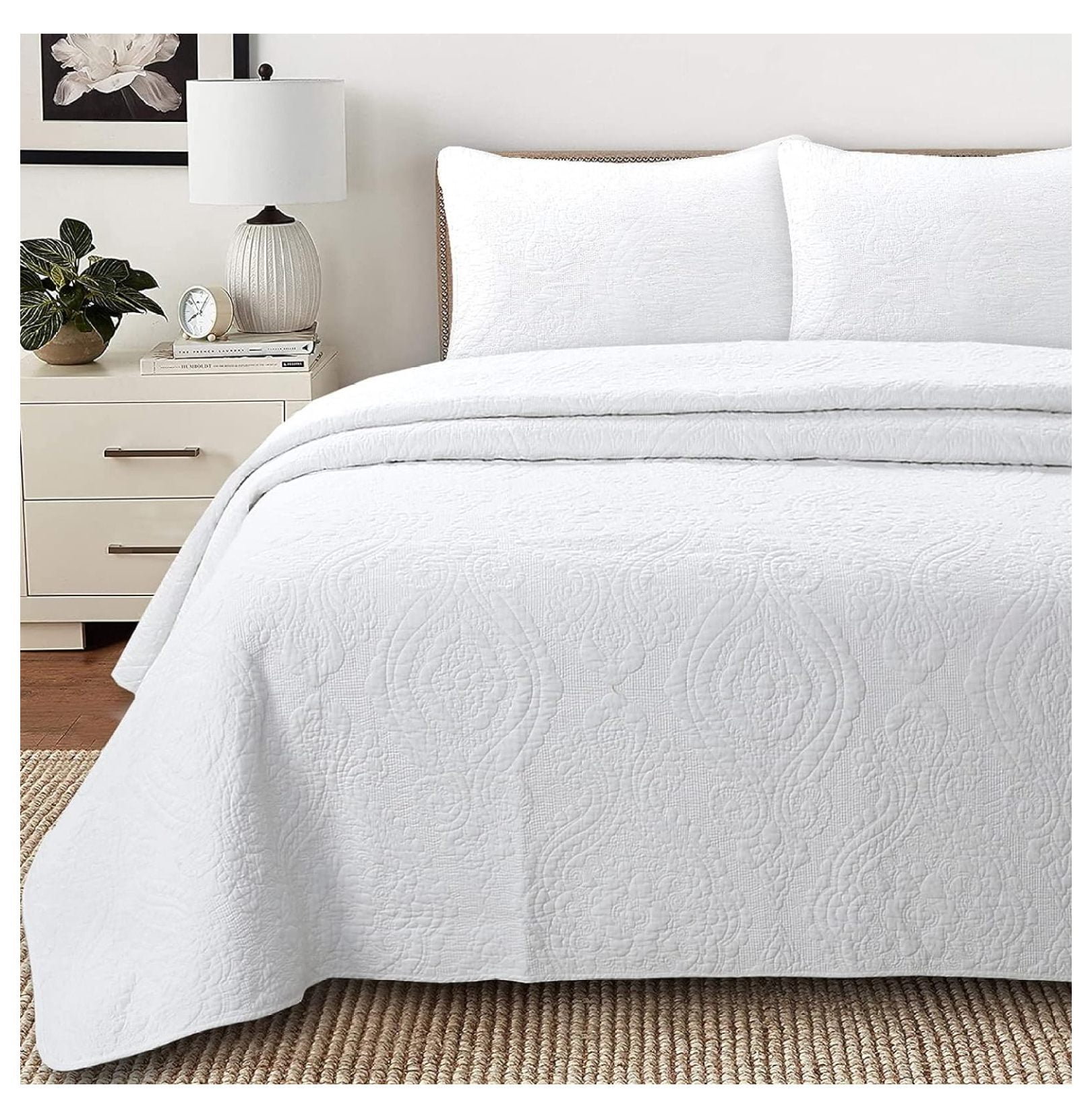 Lachk Bailee Matelasse Medallion Solid White 100% Cotton Bedding Quilt ...