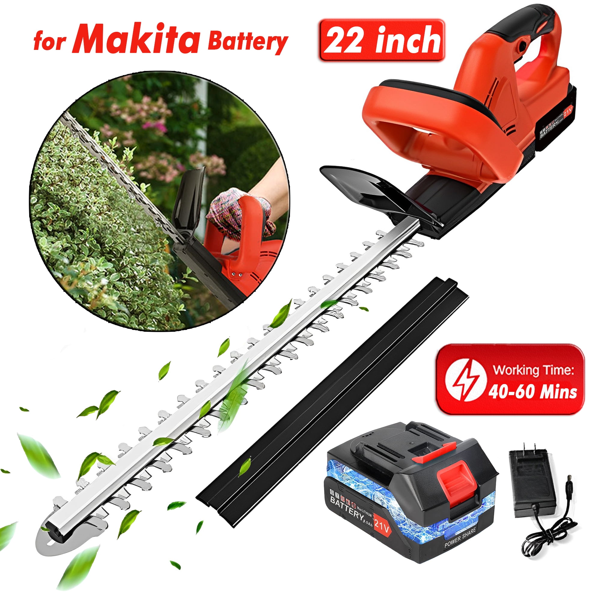 Lacoco 21V 22" Cordless Electric Hedge Trimmer with 3.0Ah Battery ...