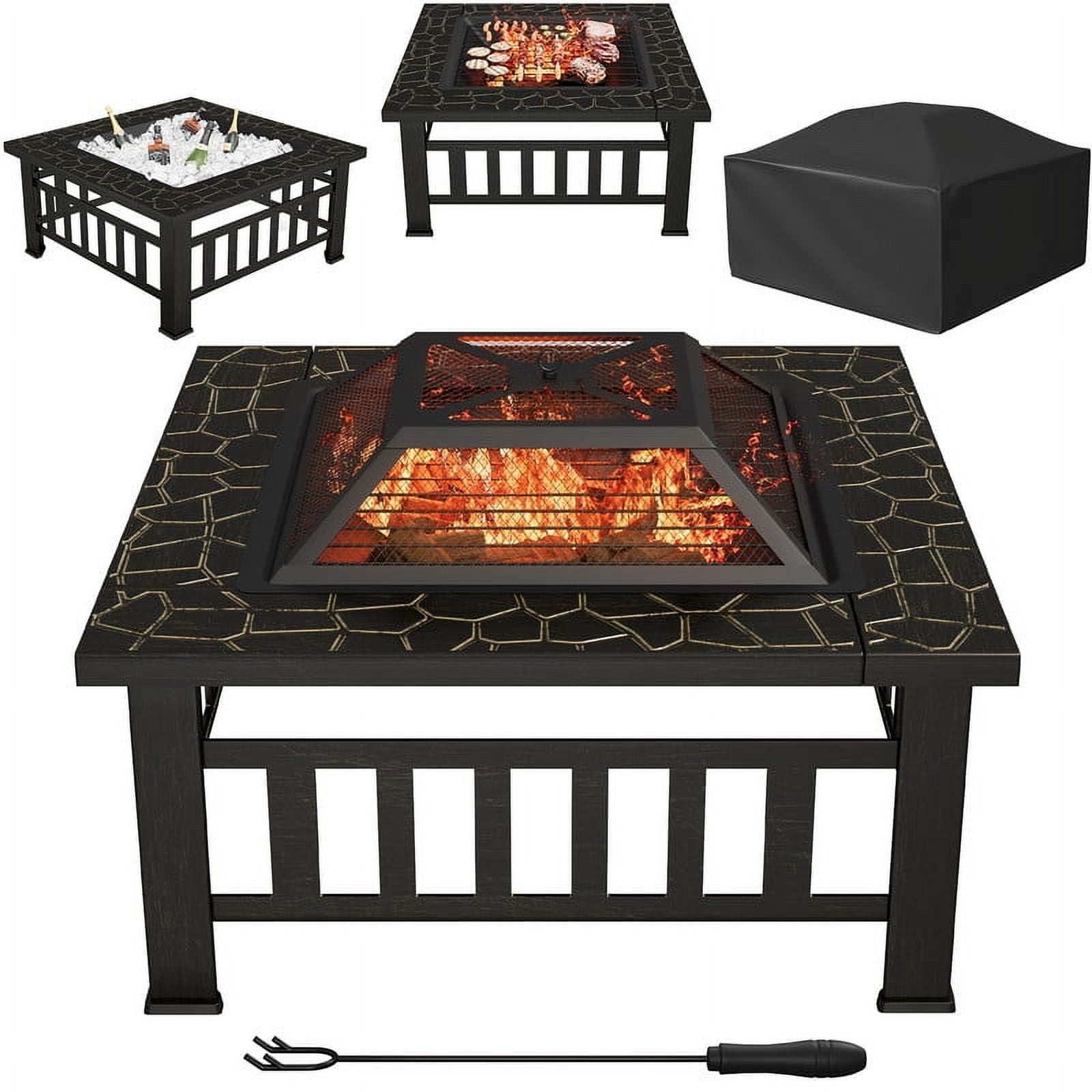 Lacoo 32" Patio Square Fire Pit Table for Patio Backyard BBQ, Ice Storage with Mesh Lid, Poker ...