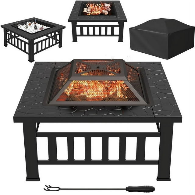 Lacoo 32" Patio Square Fire Pit Table for Patio Backyard BBQ, Ice ...