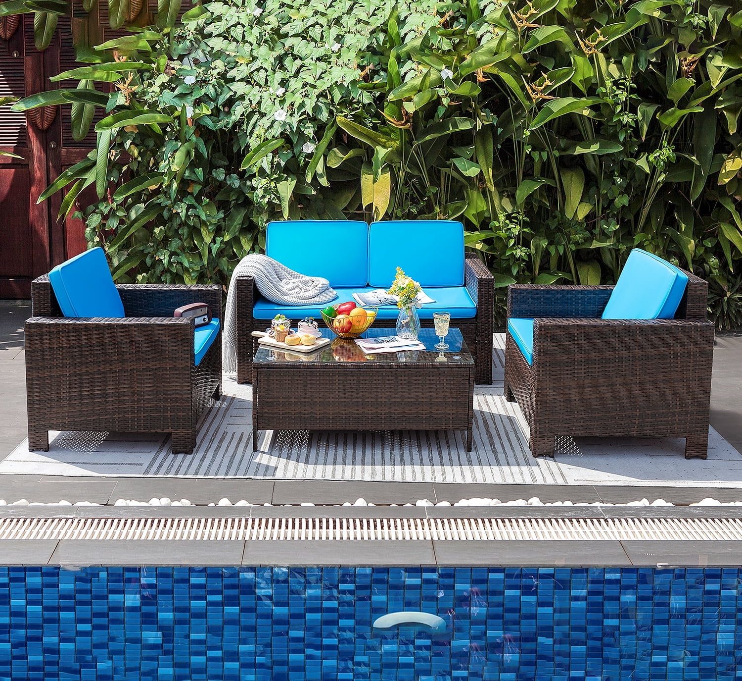 Lacoo 4-Piece Wicker Outdoor Patio Indoor Conversation Set with ...