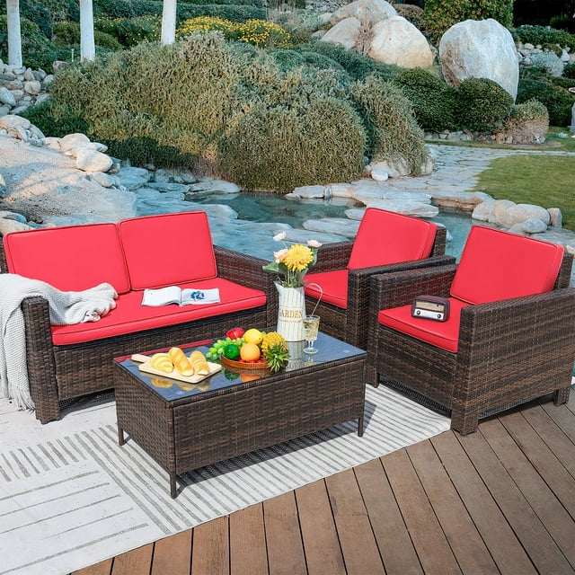 Lacoo 4-Piece Weather Rattan Furniture, Outdoor Patio Indoor ...