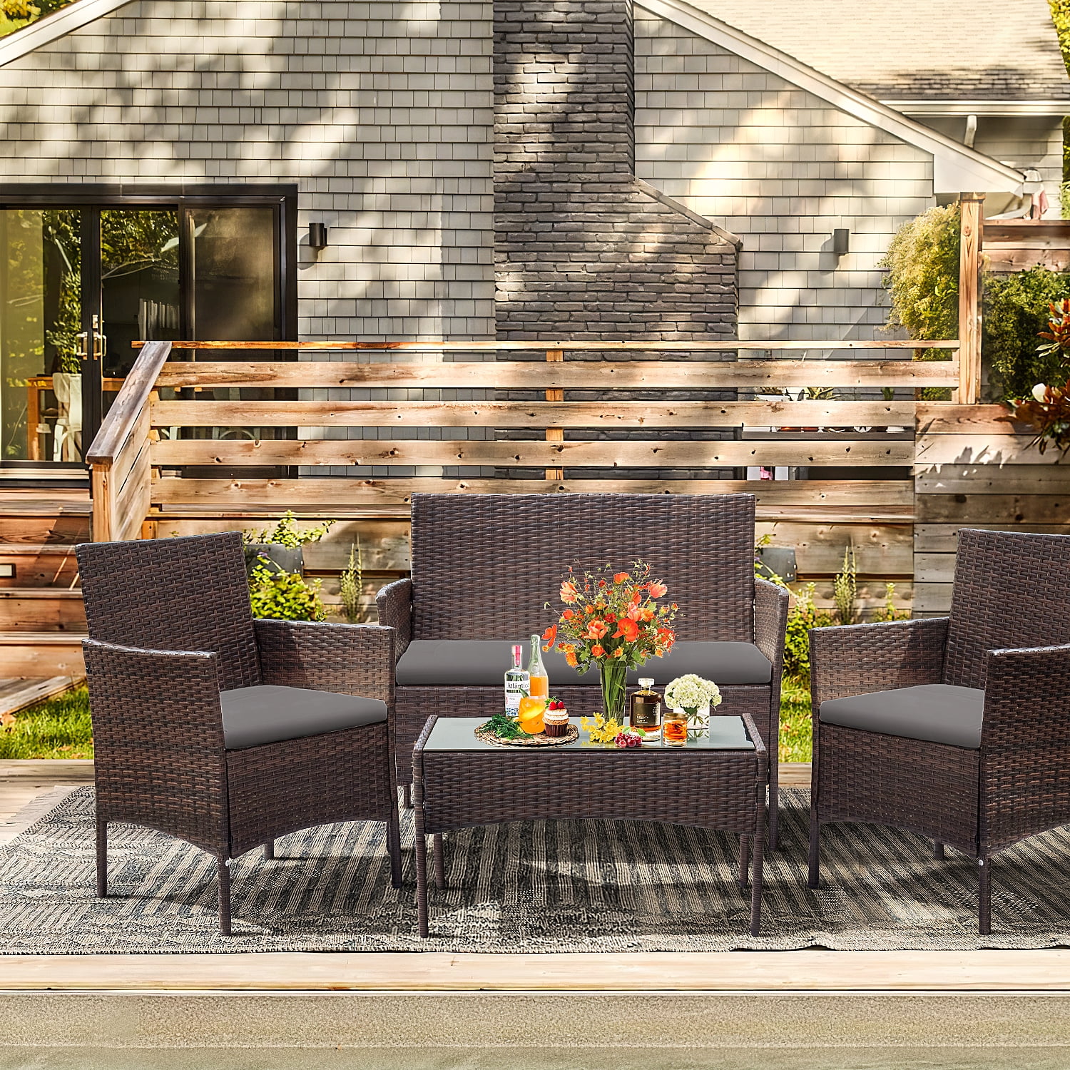 Lacoo 4 Pieces Outdoor Brown PE Rattan Wicker Table and Chairs Set ...