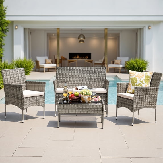 Lacoo 4 Pieces Patio Furniture Set Outdoor Conversation Wicker Rattan ...