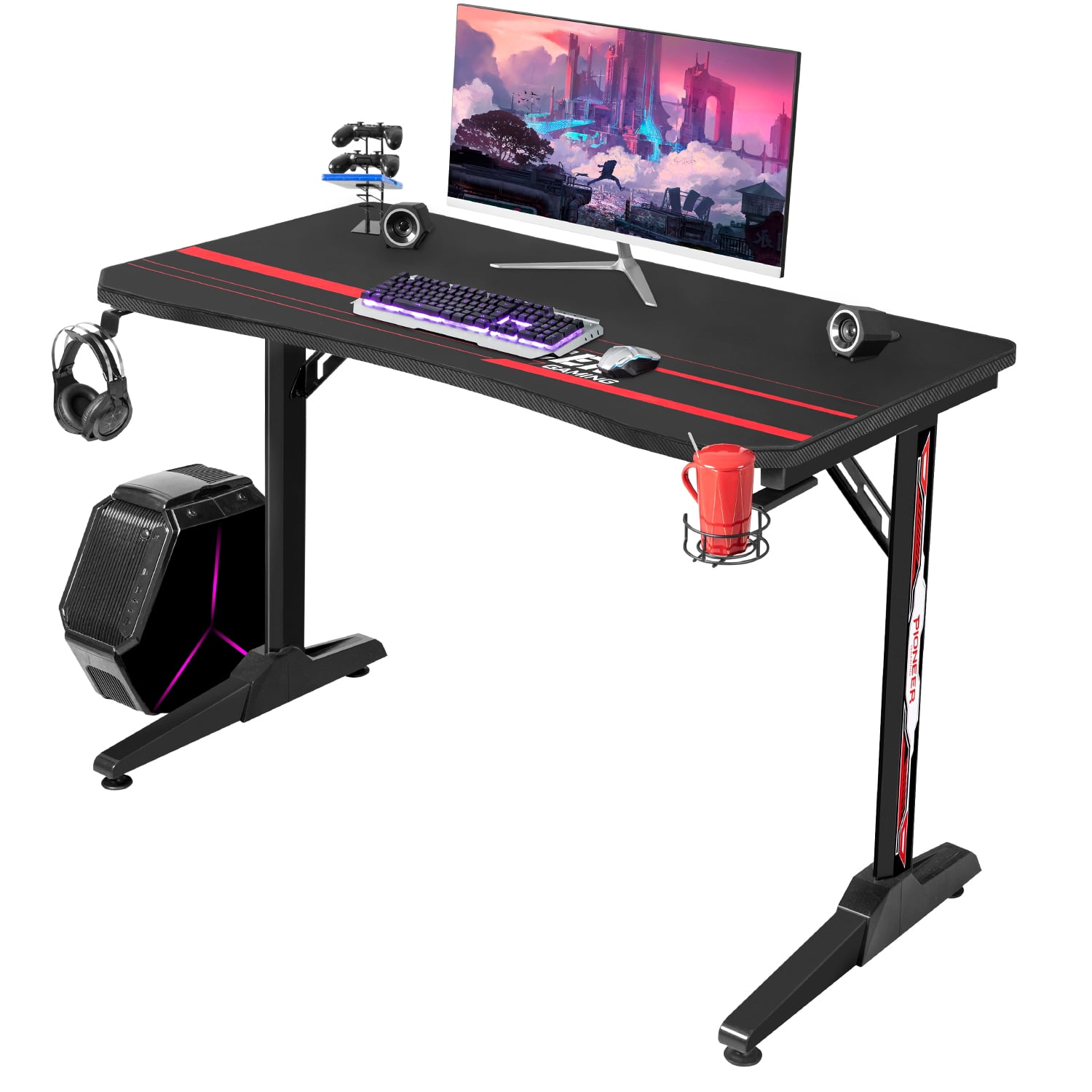 Lacoo 43 Inches Gaming Desk T Shaped Metal Frame Gaming Desk with Cup Holder and Headphone Hook Black Size 43 inch