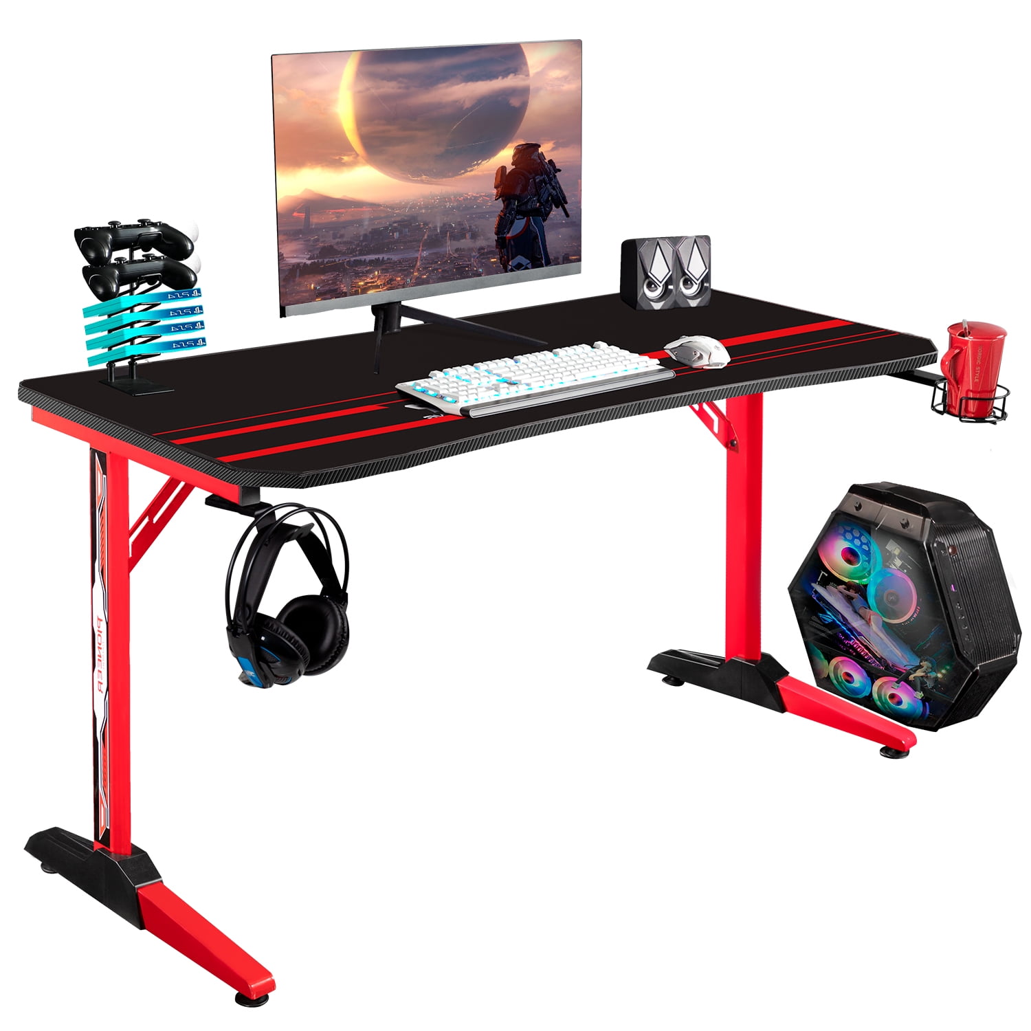 Lacoo 55 Inches Gaming Desk T-Shaped Metal Frame Gaming Desk with Cup ...