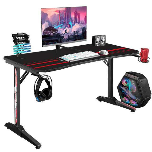 Lacoo 55" T Shaped Gaming Desk Carbon Fiber Surface Racing Desk with ...